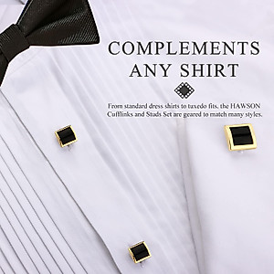 HAWSON Cufflinks and Studs for Men-Mens Fashion Cufflinks and Tuxedo Shirt Studs Set for Regular Wedding Business Accessories (Gold +Black Enamel)