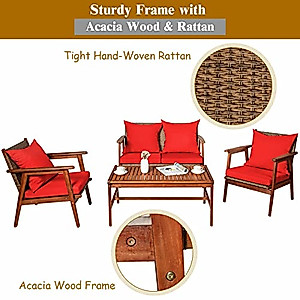 LUKEO 4PCS Patio Rattan Furniture Set Acacia Wood Frame Cushioned Sofa Chair Red Single Sofa