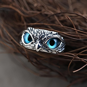 Retro 925 Sterling Silver Night Owl Head Ring with Blue Eyes for Men Women Open Adjustable