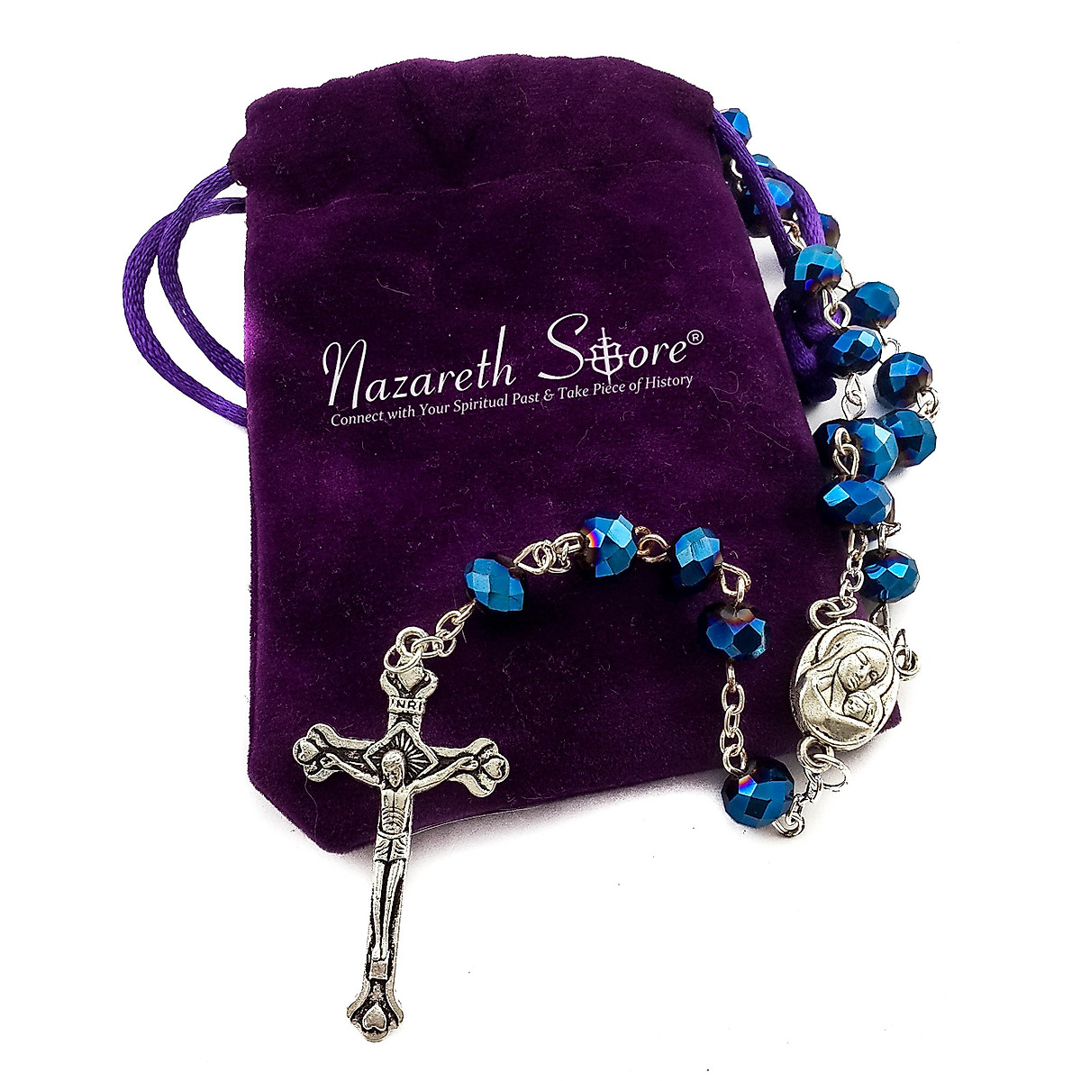 Nazareth Store Deep Blue Crystal Beads Rosary Catholic Necklace Holy Soil Medal Cross Crucifix Velvet Bag