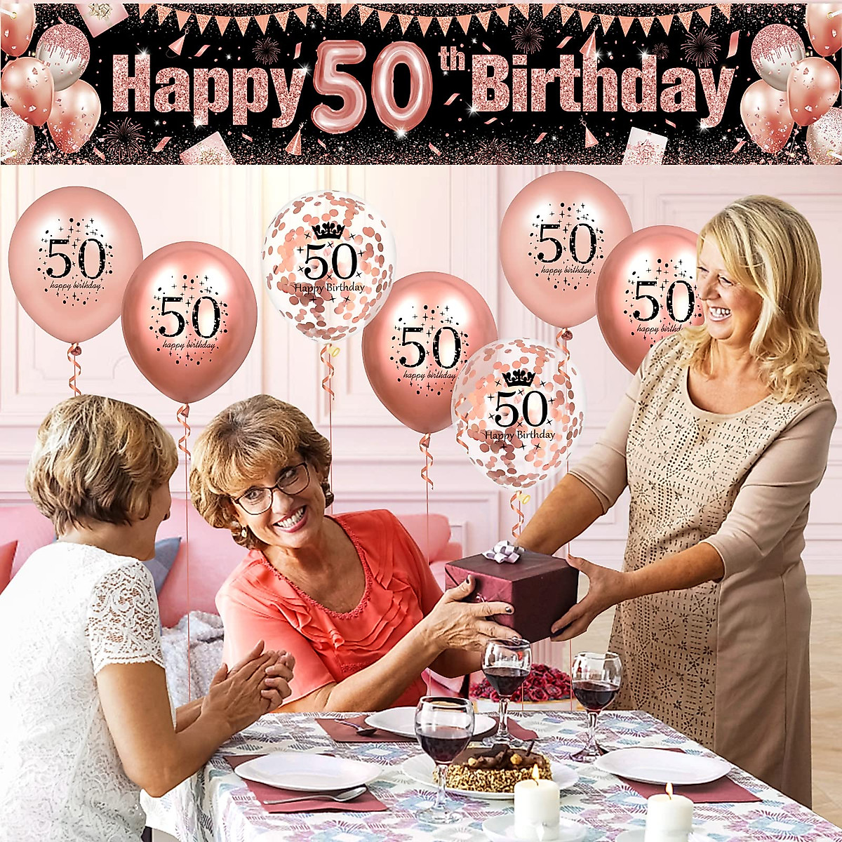 50th Birthday Decorations for Women Rose Gold and Black 50th Birthday Yard Banner and 18 PCS 50th Birthday Balloons for 50th Anniversary Birthday Party Party Supplies Indoor Outdoor Yard Decor