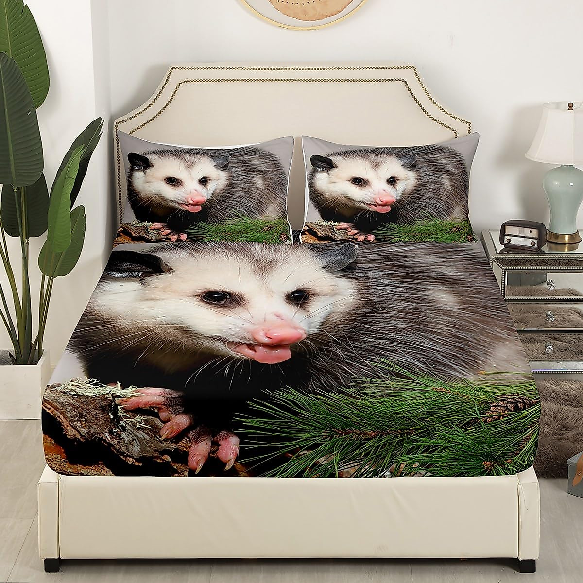 Opossum Bed Sheets Twin Size Possum Fitted Sheet for Kids Boys Girls Teens Adults Opossum Lovers Gift Bed Sheet Set Funny Animal Botanical Leaves Bedding Sheets Bedroom Decor Flat Sheets 3Pcs