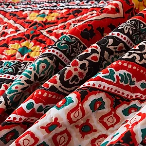 NEWLAKE Cotton Bedspread Quilt Sets-Reversible Patchwork Coverlet Set, European Boho Striped Pattern, Queen Size