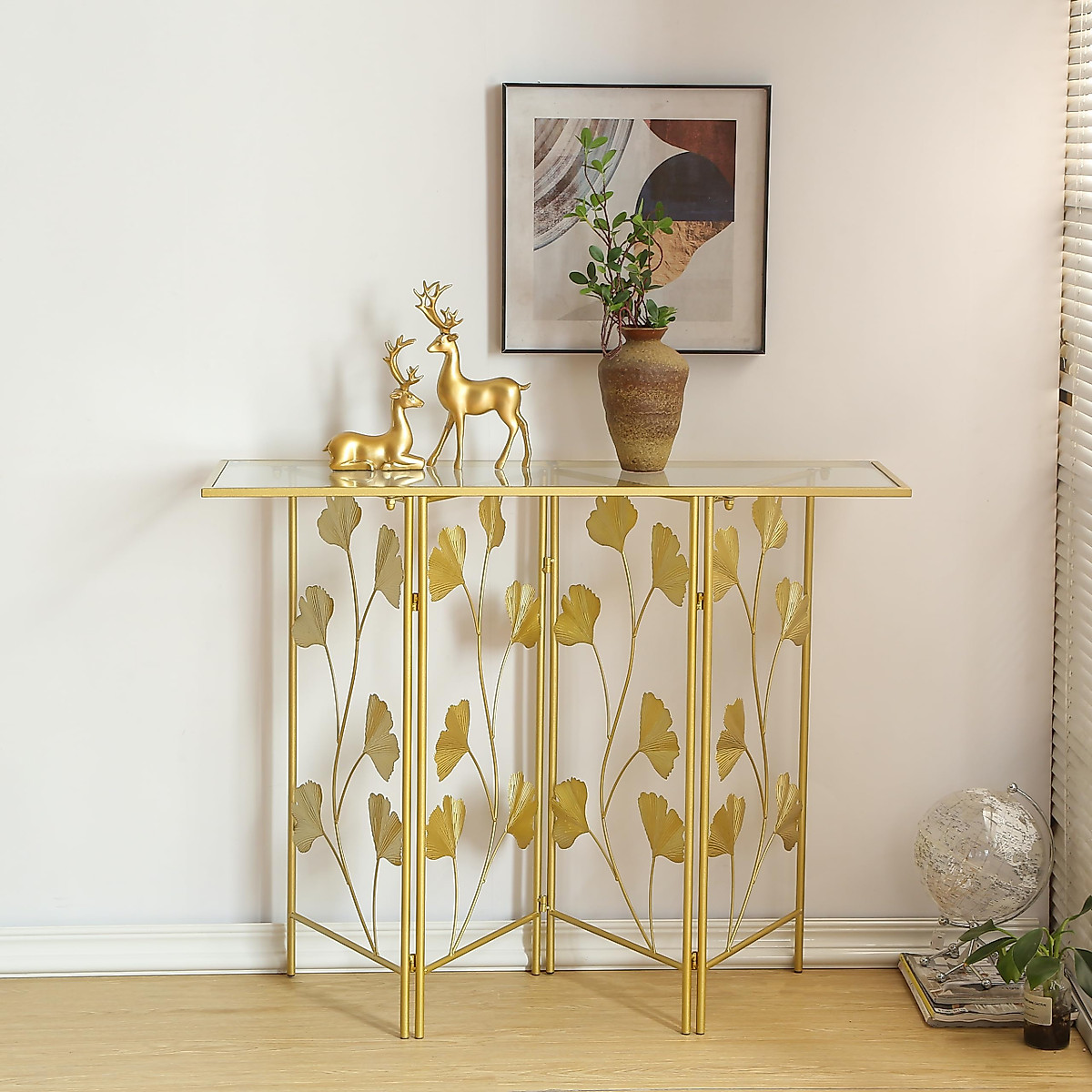 40 Inch Gold Console Table, Sofa Table, Modern Entryway Table, Tempered Glass Shelf with Ginkgo Leaves Decorative for Entryway Living Room Bedroom