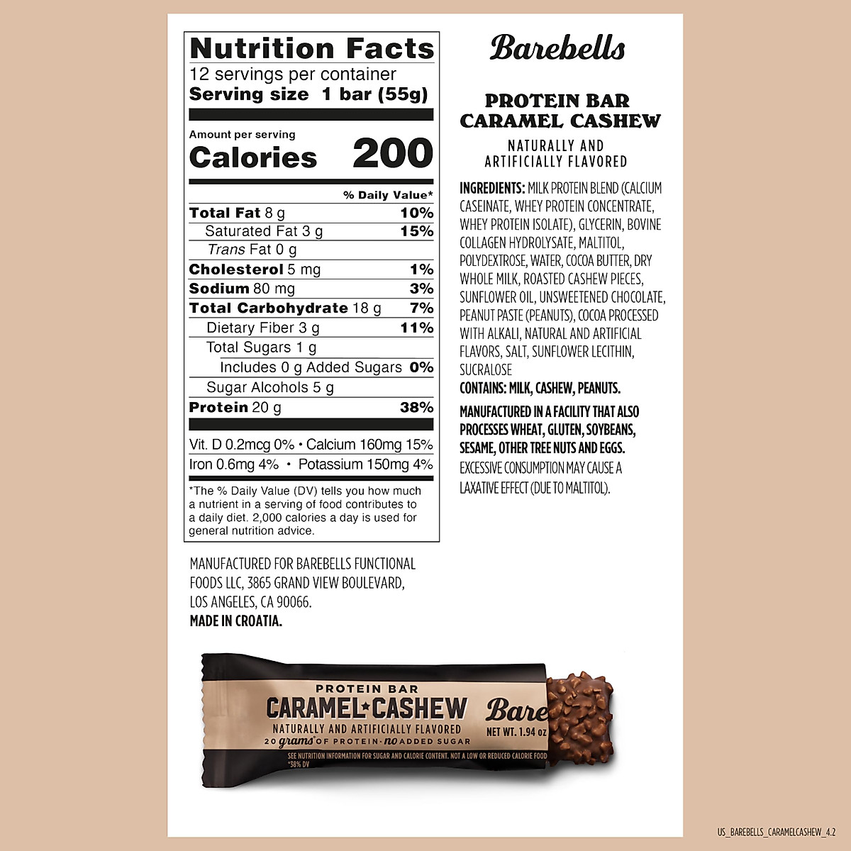 Barebells Protein Bars Caramel Cashew - 12 Count, 20g High Protein Treats - Chocolate Nutrition Bar with 1g Total Sugars - On-The-Go Breakfast or Post-Workout Snack