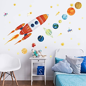 wondever Rocket Wall Stickers Outer Space Planets Peel and Stick Wall Art Decals for Baby Nursery Kids Bedroom Playroom (H:40 inches)