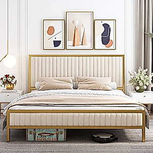 HIFIT Queen Size Bed Frame, Queen Bed Frame with Headboard, Heavy Duty Metal Foundation, Upholstered Bed Frame with Velvet Tufted Headboard, Wood Slat Support, No Box Spring Needed, Gold & Ivory White