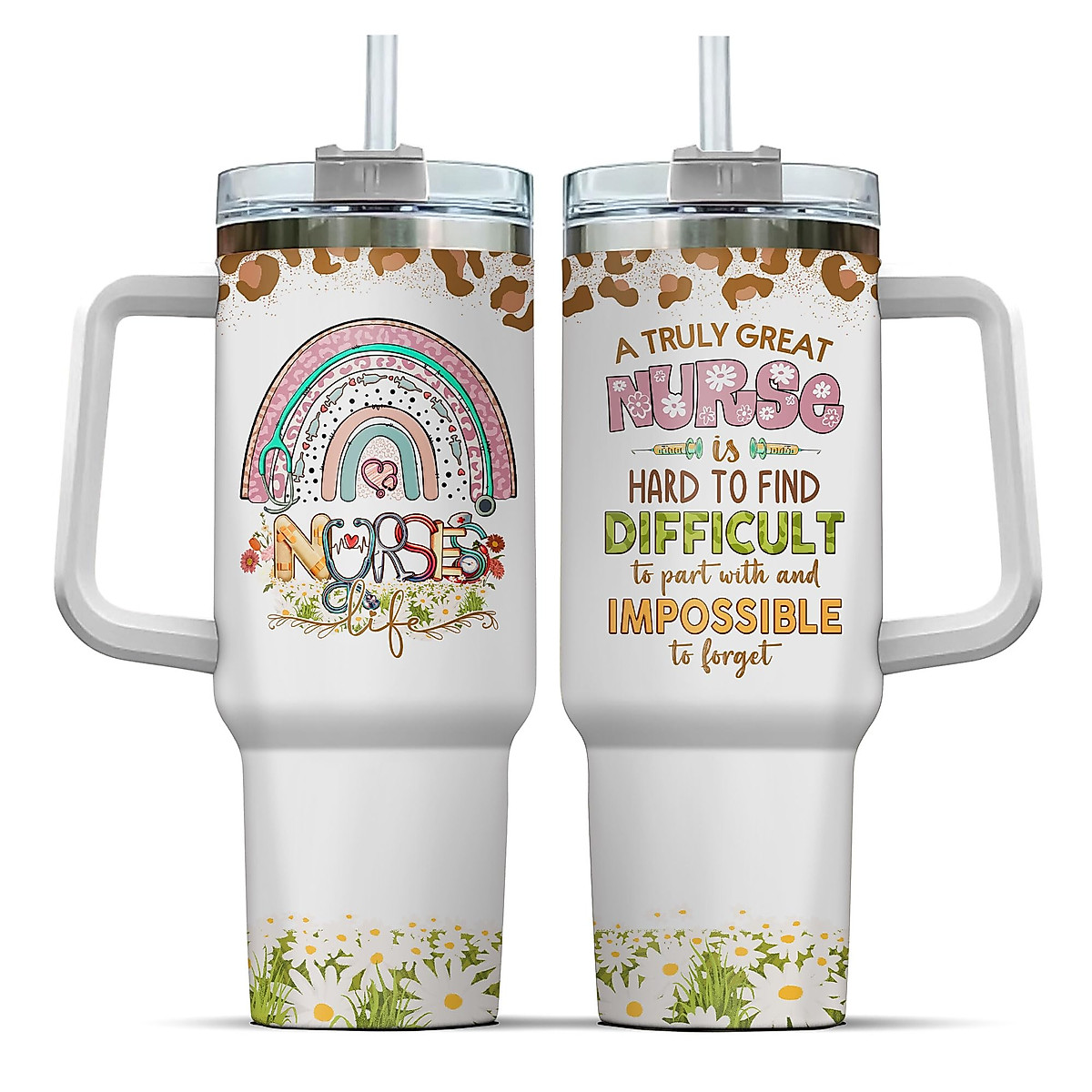 99WHALE Tumbler 40 Oz With Handle Lid And Straw, Nurse Gifts, Black Camo White Engraved Print Travel Nurses Tumblers Handle Funny Cups Nursing For, Great Nurse Rainbow Daisy Flower