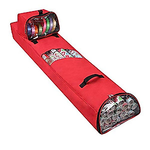 Primode Long Wrapping Paper Storage Bag Hanging | Heavy Duty Christmas Gift Wrap Storage Organizer with Detachable Accessory Tote Durable 600D Oxford (2PC Gift Wrap Case Set) 48"x 10"x 5" (Red)