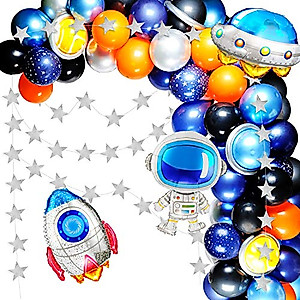 JOYYPOP Outer Space Balloon Garland Kit 118Pcs Outer Space Party Decorations with UFO Rocket Astronaut Balloons Sparkling Star Garland for Space Themed Birthday Party Supplies