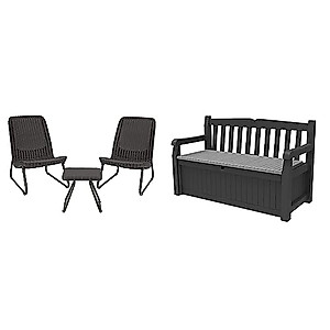 Keter Rio 3 Piece Resin Wicker Patio Furniture Set with Side Table and Outdoor Chairs, Dark Grey & Solana 70 Gallon Storage Bench Deck Box for Patio Furniture, Front Porch Decor