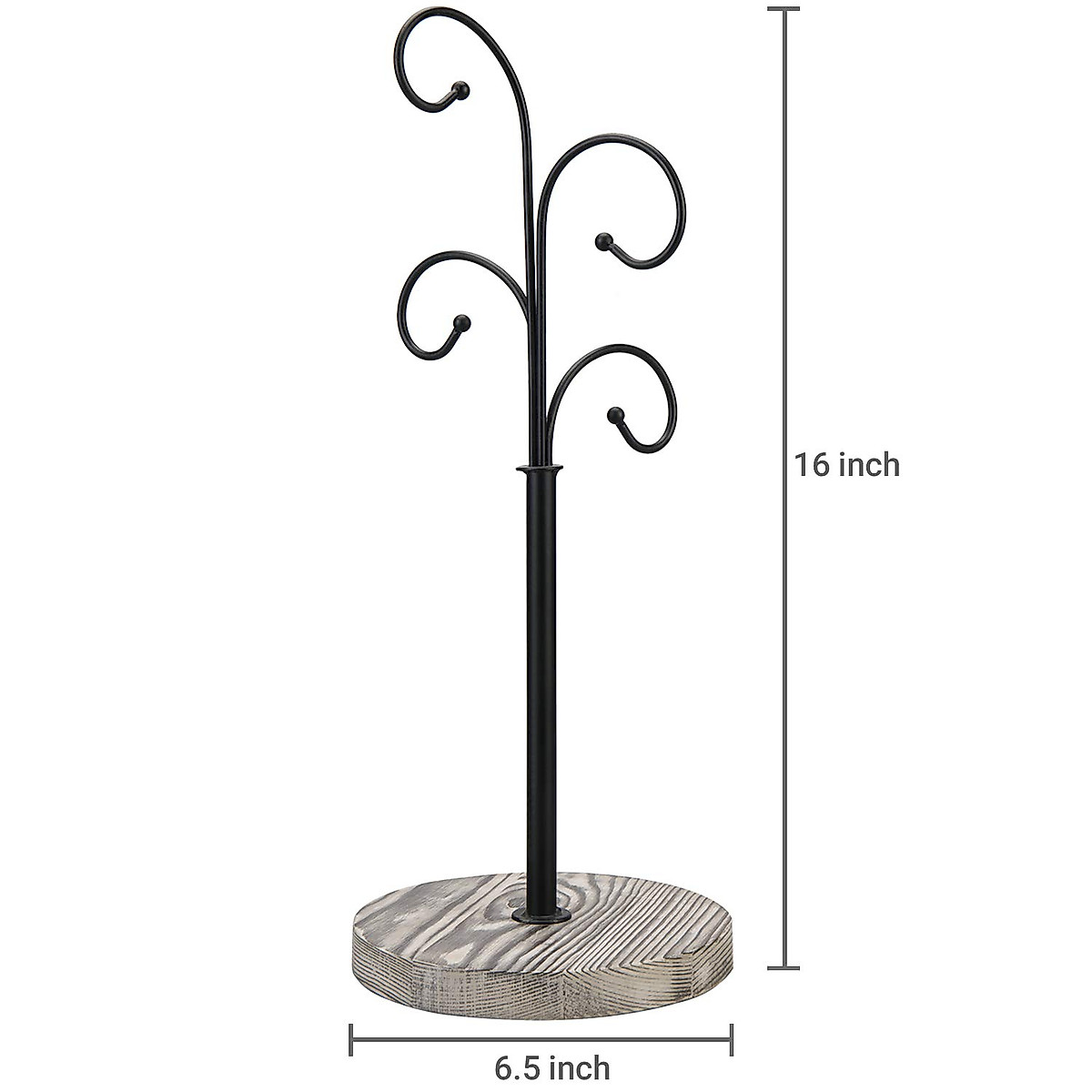 MyGift Black Metal Coffee Mug Tree Rack with 4 Curved Hooks and Grey Wood Base