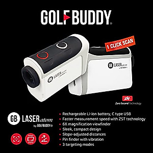 GOLFBUDDY Atom Golf Laser Rangefinder, Sleeker Compact Design, Luxurious Leather Magnetic Case, Pin Finder with Vibration, 880 Yard Range Finder, Slope Adjusted Distance (White)