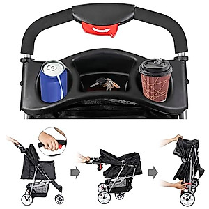 Foldable Pet Stroller for Cats and Dogs 3 Wheels Carrier Strolling Cart with Weather Cover, Storage Basket + Cup Holder