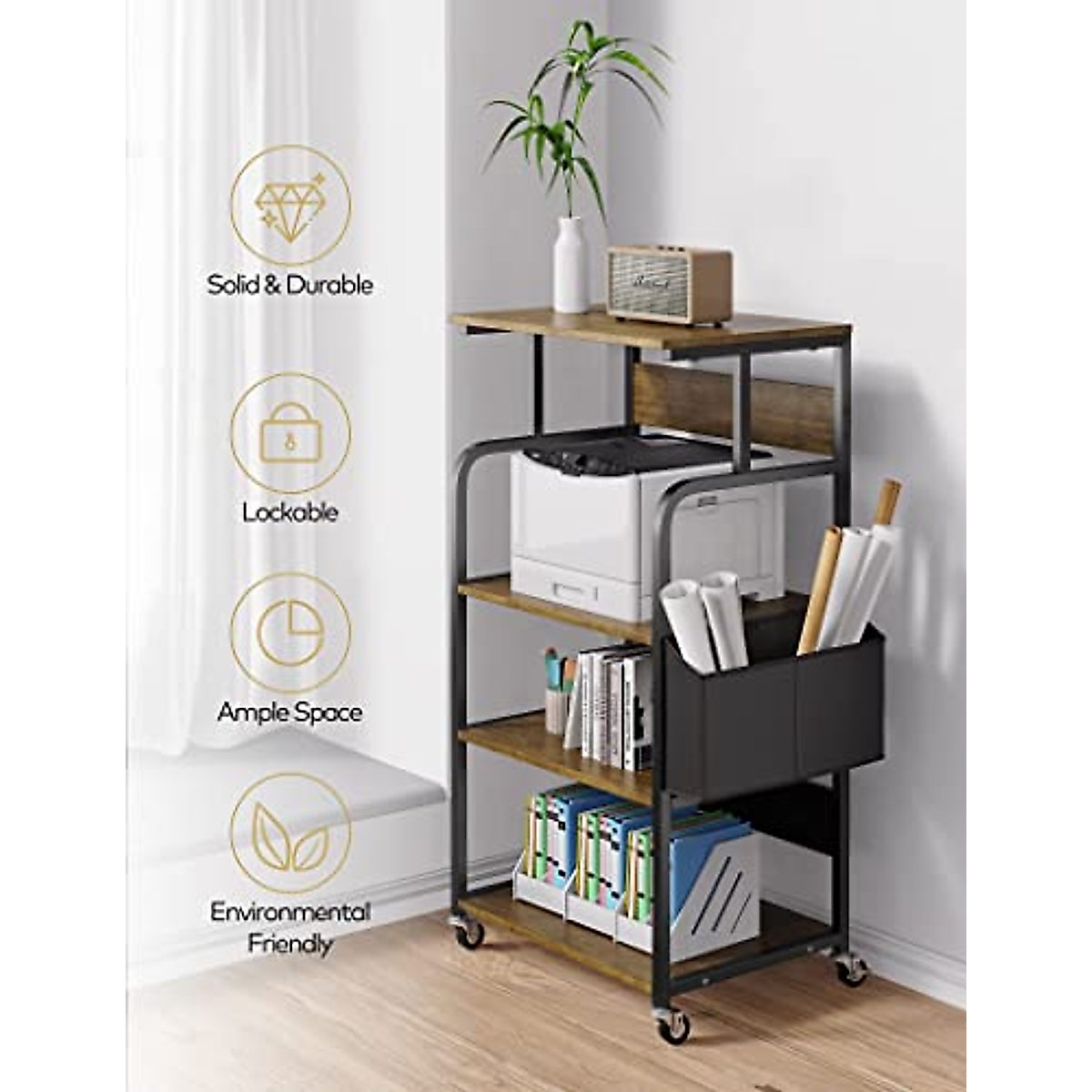 Bealife 4 Tier Home Printer Stand with Storage Bag, Tall Mobile Printer Cart with Lockable Rolling Wheels for Office,Small Space, Heavy Duty - Retro