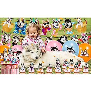 ADIANZI Siberian Husky Party Decorations Suit Funny Husky Theme Birthday Party Decorations Dogs Party Supplies Husky Birthday Party Banner Cake Topper Balloons Puppy Birthday Party Supplies