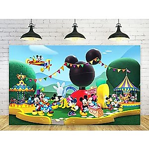 FQFMJDM Mickey Mouse Clubhouse Backdrop for Birthday Party Decorations Park Baby Shower Background Cake Table Supplies Theme Banner 5x3ft