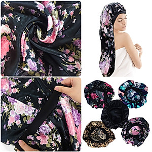 2Pcs Long Satin Bonnet Sleep Cap,Extra Large Braids Bonnets for Sleeping,Long Hair,Soft&Comfortable Elastic Band Bonnets for Women Night Sleep,Hair Bonnets for Women Satin (Black+Pink Pattern)