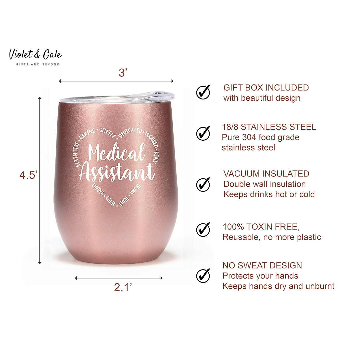 VIOLET & GALE 12oz Wine Glass Tumbler, Rose Gold, Medical Assistant Appreciation Week Gift, Thermal Insulated Coffee Mug with Lid, for Women, MA Graduation, CMA