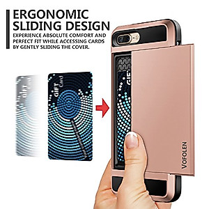 Vofolen Case for iPhone 8 Plus Case Wallet Credit Card Holder ID Slot Sliding Cover Hidden Pocket Dual Layer TPU Bumper Armor Anti-Scratch Protective Hard Shell Case for iPhone 8 Plus 7 Plus Rose Gold