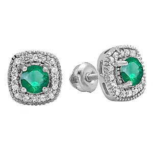 Dazzlingrock Collection Round Emerald & White Diamond Ladies Halo Stud Earrings, 10K White Gold