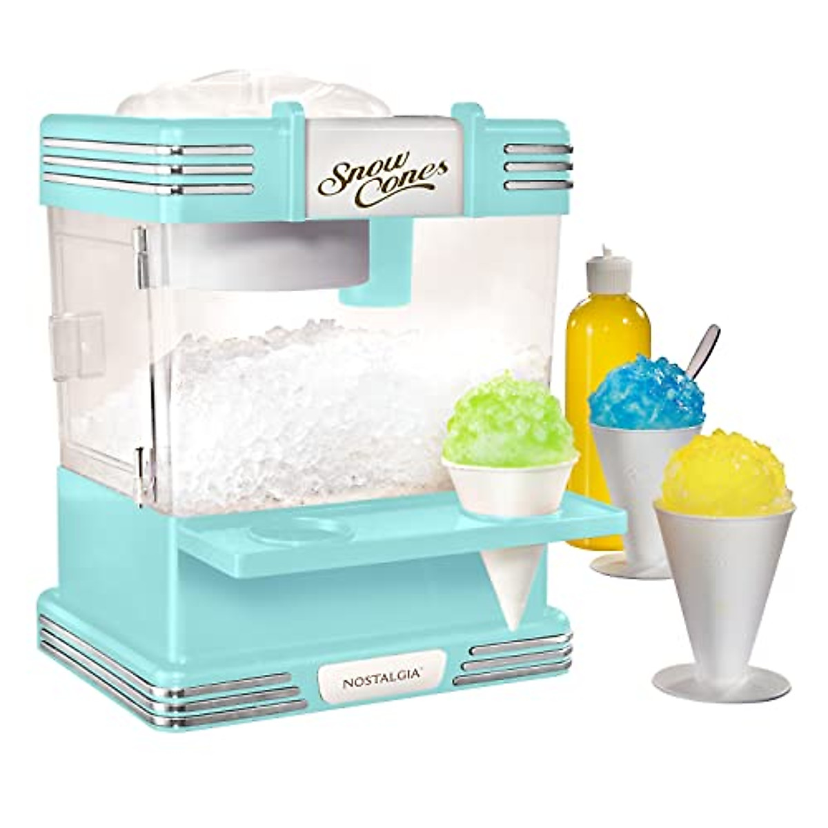 Nostalgia RSM602 Countertop Snow Cone Maker Makes 20 Icy Treats, Includes 2 Reusable Plastic Cups & Ice Scoop, Aqua, 17.3x10.0x13.5
