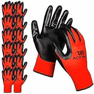 ACKTRA Nitrile Coated Safety WORK GLOVES 12 Pairs, WG003 Red/Black, Large