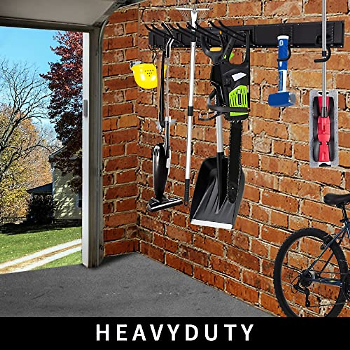 Garage Tool Organizer Wall Mount, 12 PCS Garden Tool Rack Garage Storage, 8 Heavy Duty Adjustable Hooks Steel and 4 Rails Aluminum, 450 LBS Max Load