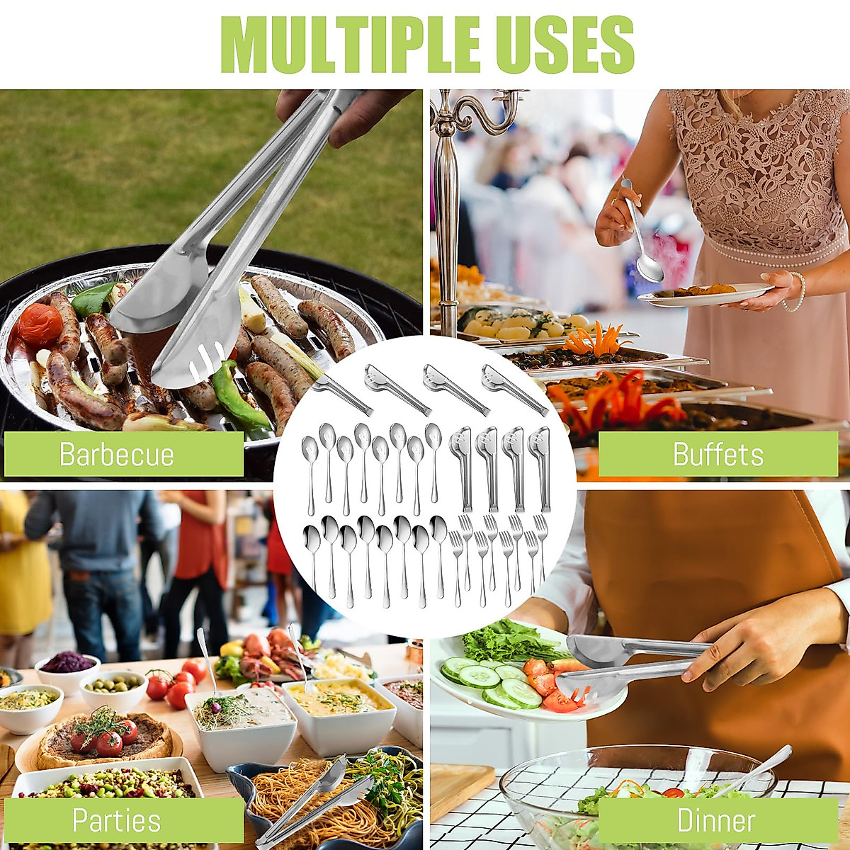 Sabary 32 Pcs Buffet Party Stainless Steel Serving Utensil Metal Buffet Serving Utensils Set with Serving Spoons, Slotted Spoon, Serving Fork, Serving Tong for Catering Party Banquet