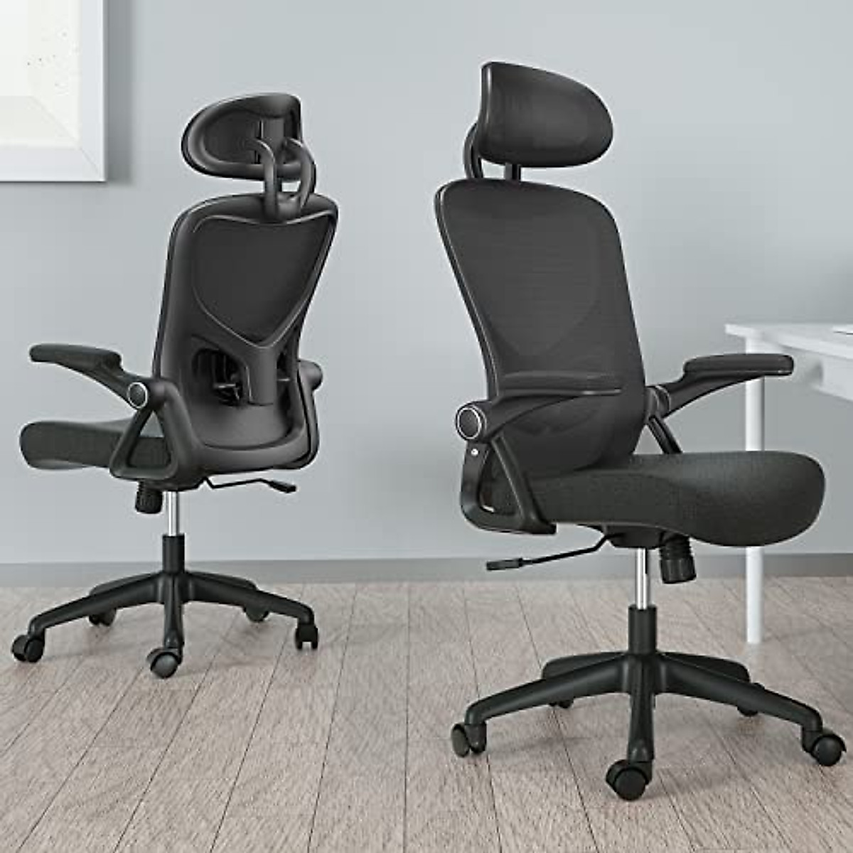 Ergonomic Mesh Office Chair with Adjustable Headrest & Lumbar Support, Flip-Up Armrest, Tilt Function for Heavy Duty, Black