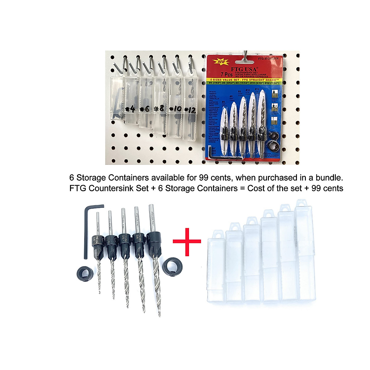 FTG USA Wood Countersink Drill Bit Set 5 Pc Countersink Drill bit #4#6#8#10#12 HSS M2 Tapered Drill Bits with Straight Shank Countersink bit, 2 Stop Collar, 1 Hex Wrench, 6 Countersink Storage Boxes
