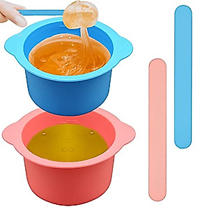 2 Pcs Silicone Wax Warmer Liner, Silicone Wax Bowl for Wax Warmer, Reuse Wax Melt Warmer Wax Pot Replacement, Non-Stick Wax Melt Liner with 2 Pcs Wax Spatula Sticks for Hair Removal (Blue, Pink)
