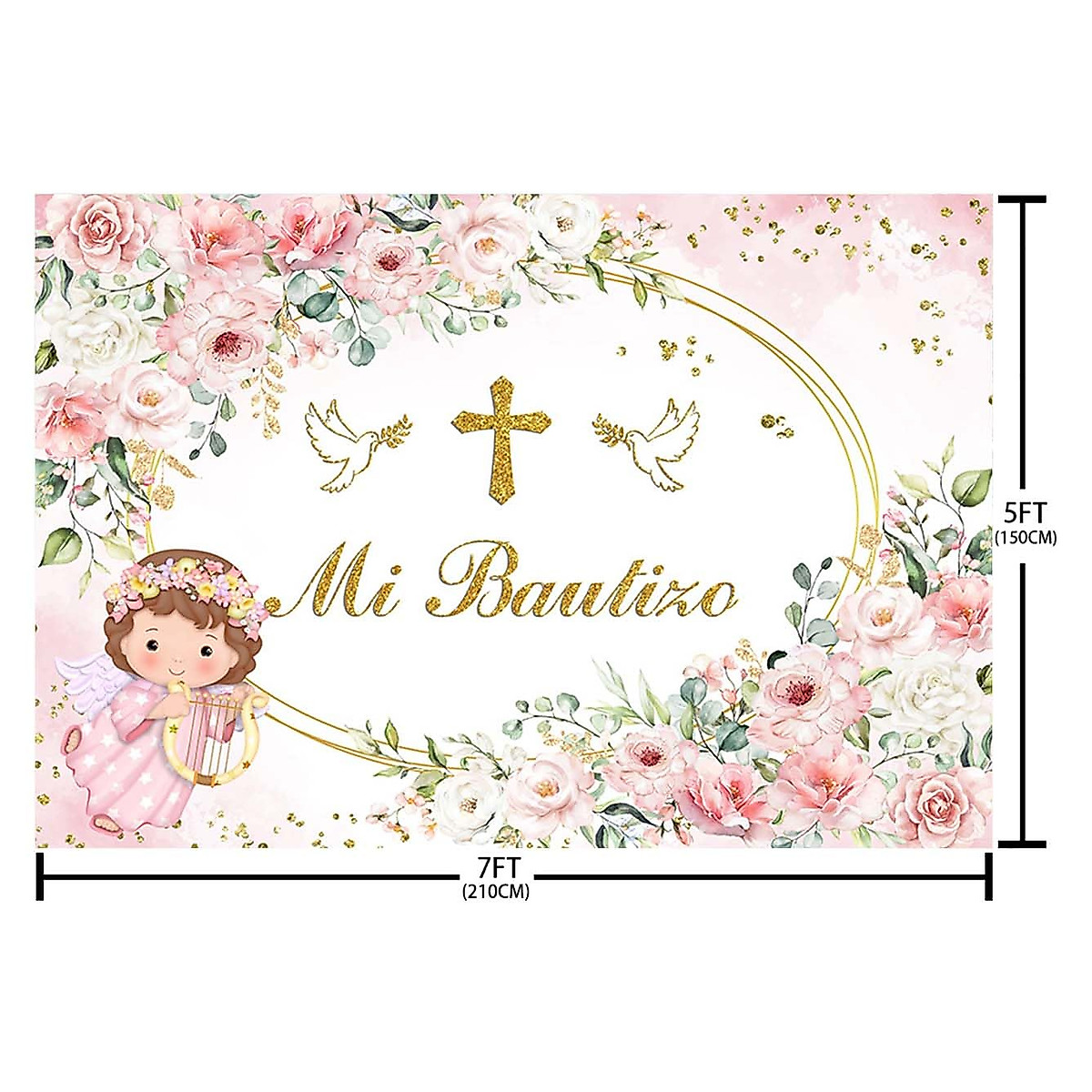 AIBIIN 7x5ft Pink Mi Bautizo Backdrop for Girls Baby Shower God Bless First Holy Communion Background Oval Mexican Baptism Party Flowers Decorations Banner Props