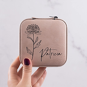 Custom Leather Customized Jewelry Organizer Box w/Name & Birth Flower Month - Birthday Gifts for Women, Mom Personalized Jewelry Travel Case - Beige