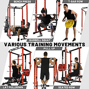 RitFit Squat Rack Power Cage Home Gym Package, Includes 1000LBS Power Rack with LAT Pull Down, Weight Bench, Rubber/Bumper Plates Set with Olympic Barbell (Package 1.6K (Bumper Plate 230LBS))-Orange