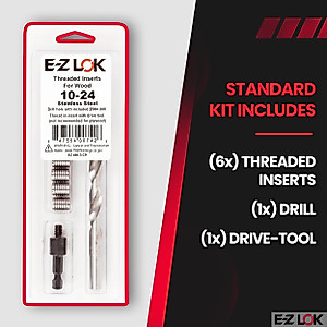 E-Z LOK 400-3-CR Threaded Inserts for Wood, Installation Kit, Stainless Steel, Includes 10-24 Knife Thread Inserts (6), Drill, Installation Tool
