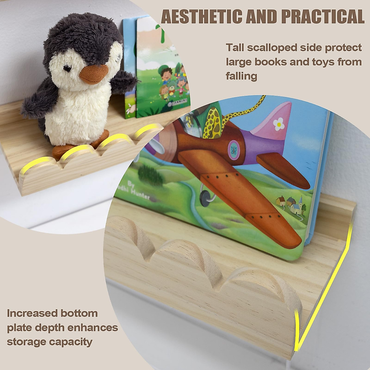 icnjdMopclean Scalloped Shelves for Nursery - Wall Book Shelves for Bedroom Kids, Nursery Bookshelf for Wall Set of 4, Floating Book Shelves Solid Wood,16 Inch, Natural