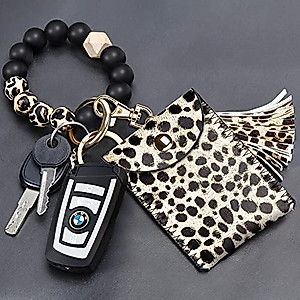 UpUDo Keychain Bracelet Wristlet, Silicone Beaded Key Ring Bracelet with Card Wallet, Elastic Keyring Bangle for Womens