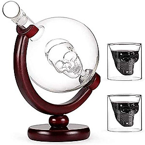 Whiskey Decanter Set whiskey gifts for men Skull Decanter, Rotating Clear Glass Globe Includes 2 Skull Shot Cups, Liquor Dispenser with Wooden Stand, Whiskey Decanter with Antique Ship