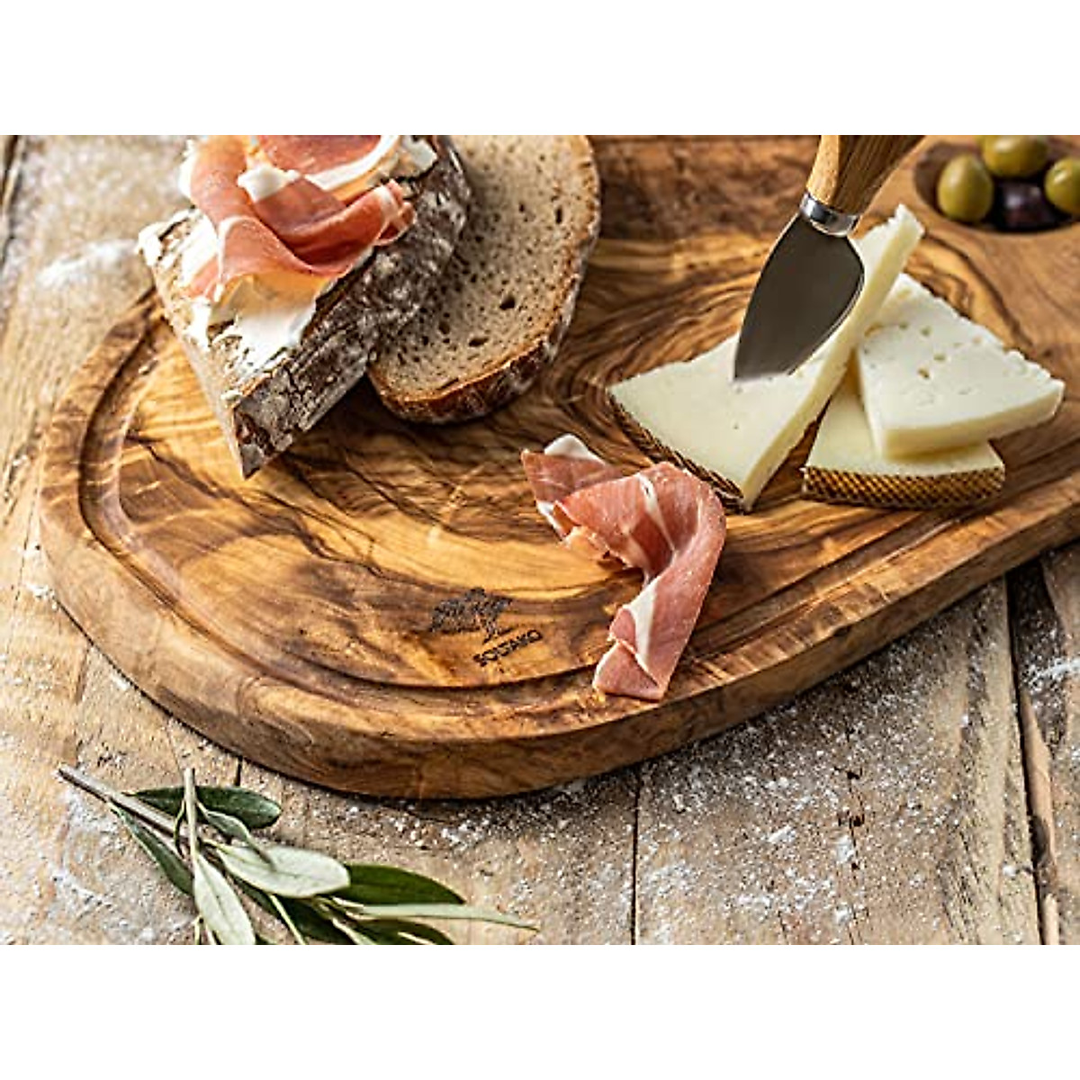 SOLTAKO Olive Wood Cutting Steak Board, Large Cheese Board, Hand Made Serving Platter, Wooden Charcuterie Board, Rustic Chopping Board with Juice Groove
