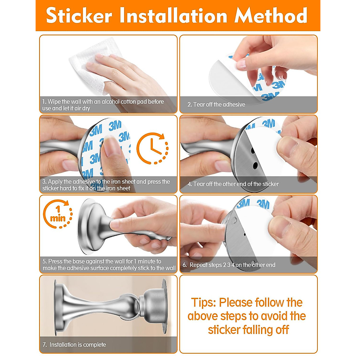 WINONLY Door Stopper, Magnetic Door Stop, Stainless Steel, Magnetic Door Catch, 3M Double-Sided Adhesive Tape, No Drilling, Screws for Stronger Mount, Hold Your Door Open, for Wide Doors (2)