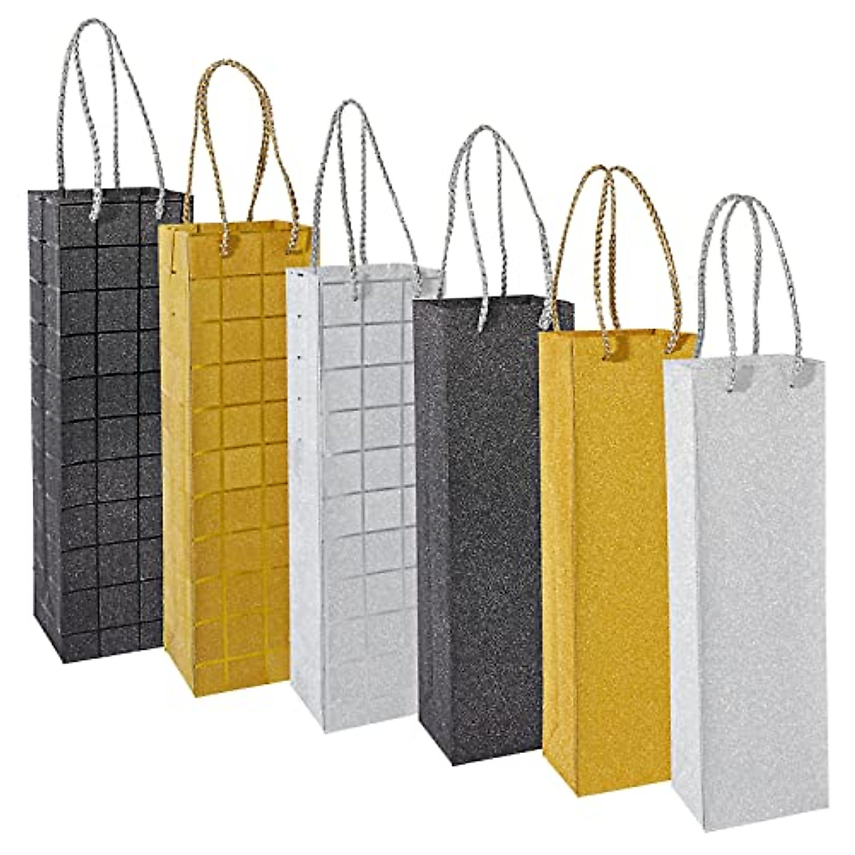 Juvale 6 Pack Foiled Glitter Wine Bottle Gift Bags with Handles for Holidays, New Years, Birthdays (Silver, Black, Gold, 3.8 x 14 x 3.3 In)