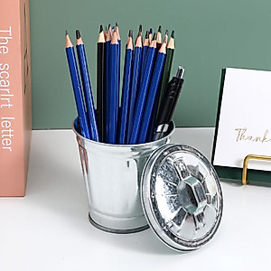 Kichvoe Mini Galvanized Trash Can with Lid Tiny Wastebasket Trash Bin Small Metal Buckets Garbage Bin Tabletop Rubbish Bin Flower Pot Pen Holder for Succulent Office