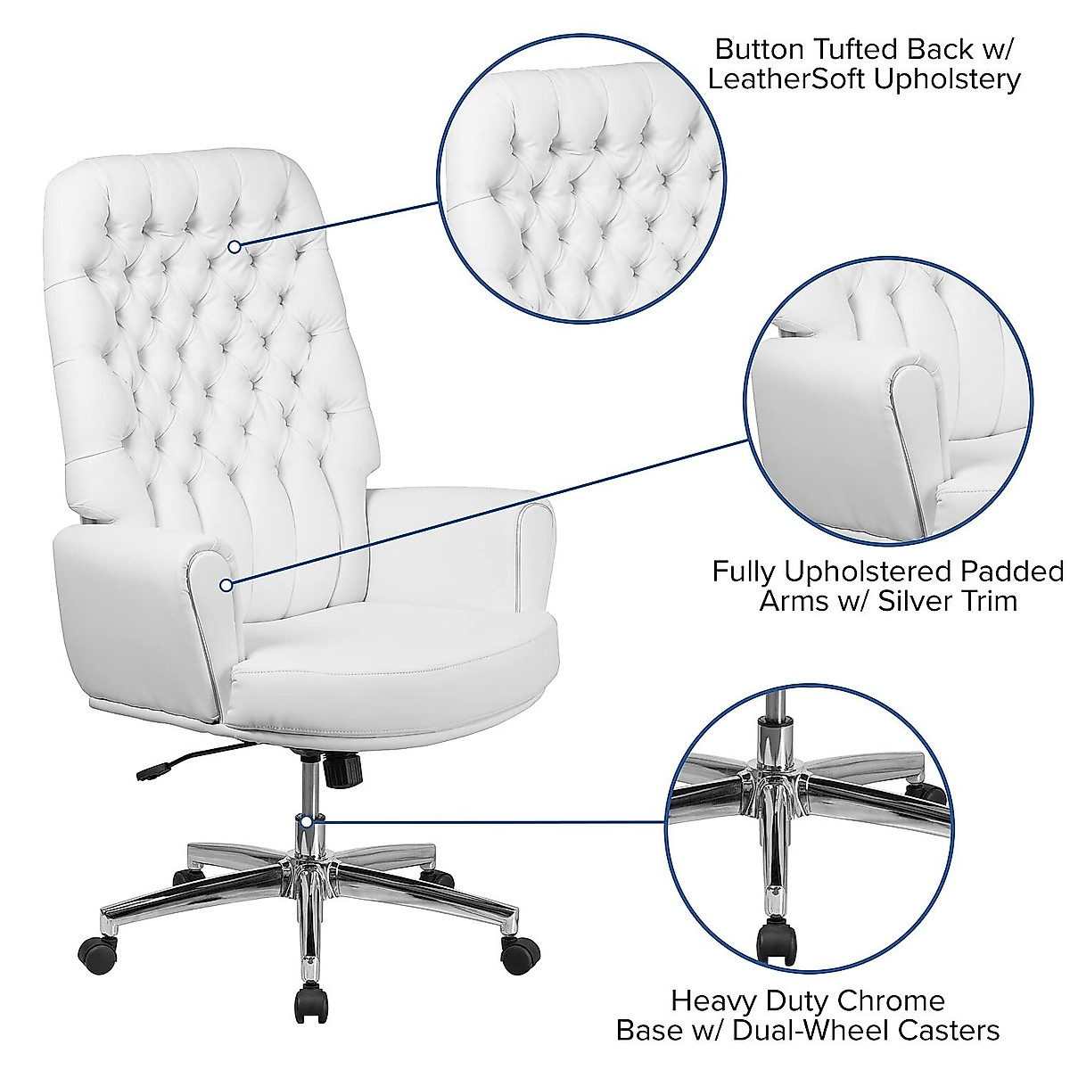 Flash Furniture Rochelle High Back Traditional Tufted White LeatherSoft Executive Swivel Office Chair with Arms