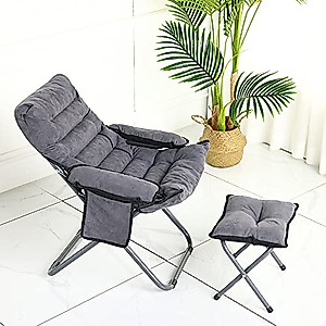 Living Room Lazy Chair with Ottoman & Armrest, Modern Comfy Folding Lounge Chair Reclining Sofa Leisure Chair Armchair with Footstool for Bedroom/Office/Hosting, Grey
