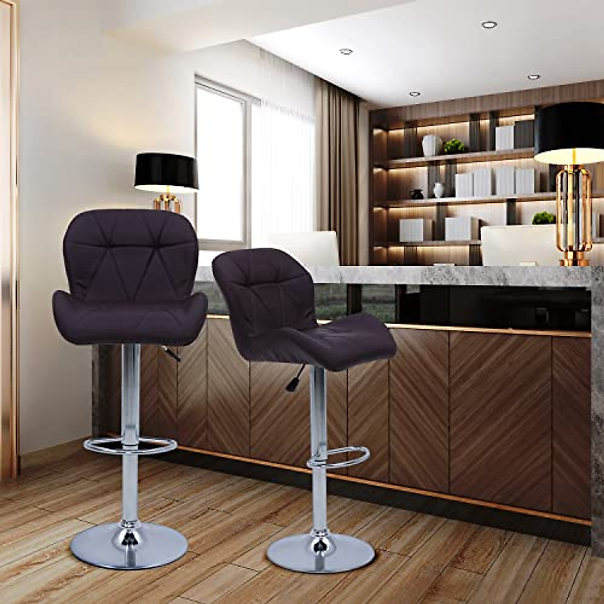 Puluomis Set of 2 Brown Shell Shaped Bar Stools Modern Gas-Lift Adjustable Swivel Leather Chair with Back, Chrome Base Counter Barstools, Large