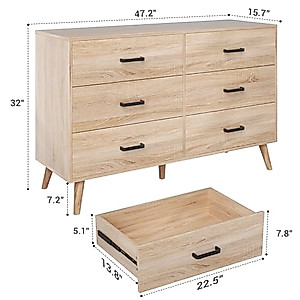 Bigbiglife Wood Dresser for Bedroom, 6 Drawer Dresser with Metal Handles, Mid Century Modern Dresser Double Chest of Drawer (Light Oak)