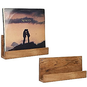 MyGift Wall Mounted Premium Natural Acacia Wood Vinyl Record Album Storage Racks, LP Record Holder Decorative Display Shelves, Set of 2 - Made in India