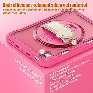 Batianda Case for iPad Mini 6 8.3 Inch 2021 with Pencil Holder Heavy Duty Rugged Shockproof Tablet Cover with 360° Rotating Hand Strap Foldable Hidden Stand & Shoulder Strap, Pink