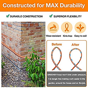 GREENER Heavy Duty Garden Hose 50ft, 5/8" Flexible Hybrid Rubber Hose, Kink-resistant Water Hose with Leakproof Swivel Grip, 3/4in Solid Fittings and Functional Nozzle, For Outdoor Garden Lawn